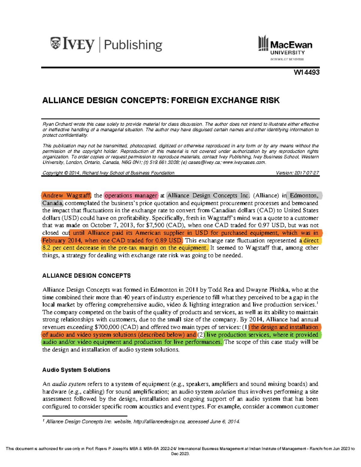 Alliance Design Concepts Foreign Exchange RISK Highlighted - W ALLIANCE ...