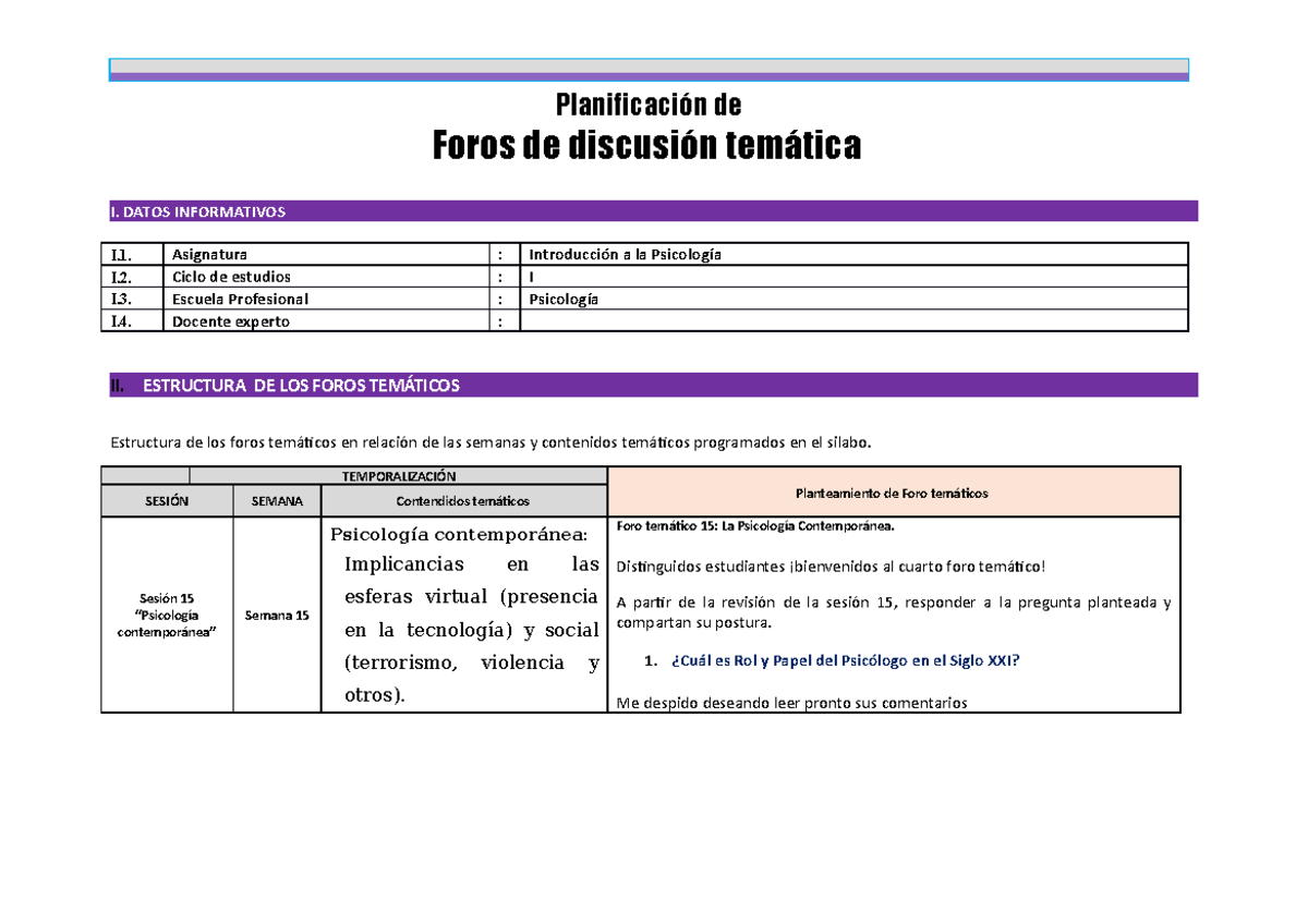 Foro de discusión temática Sesión 15 - Planificación de Foros de ...