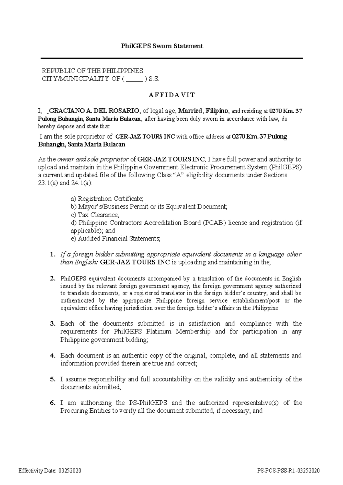 Phil GEPS Sworn Sample - Effectivity Date: 03252020 PS-PCS-PSS-R1 ...