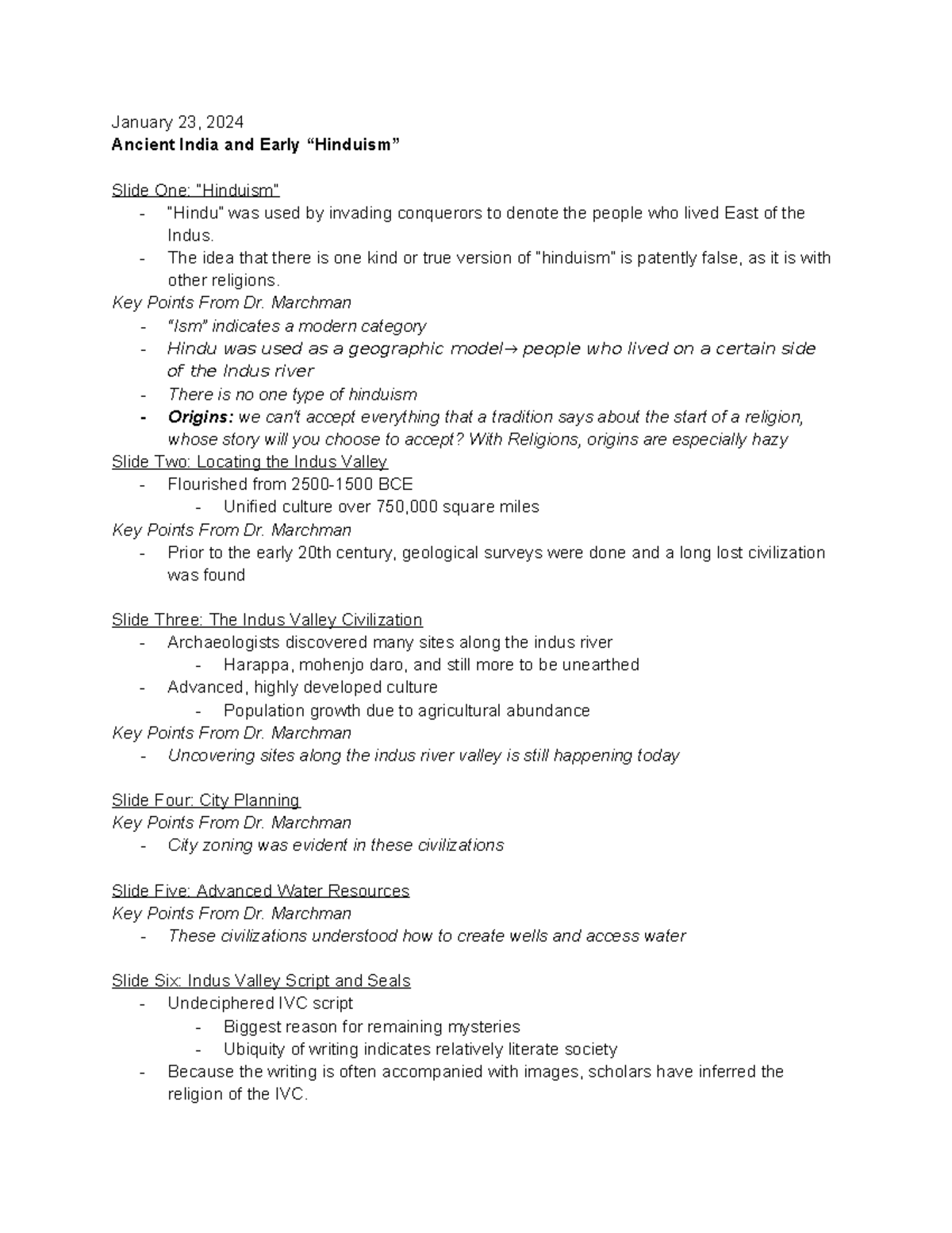 RELI 1002 Jan 23 - notes - January 23, 2024 Ancient India and Early ...