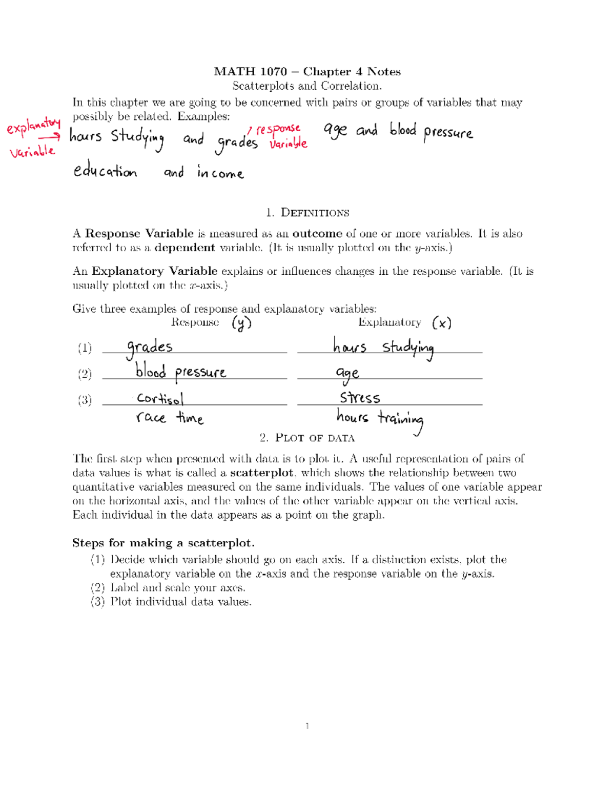 Chapter 4-Complete - stats - MATH 1070 Chapter 4 Notes Scatterplots and ...