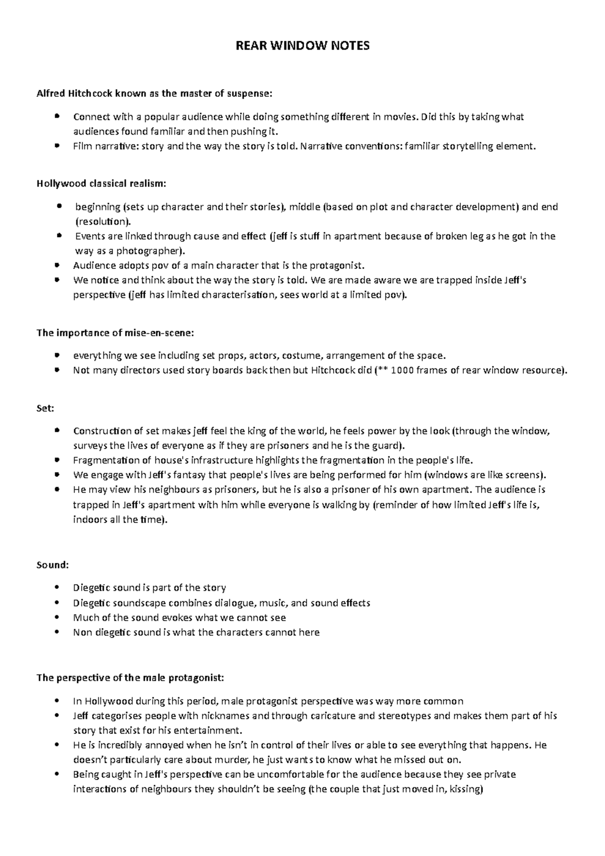 University Highschool Rear window Film Lecture Notes Year Twelve ...