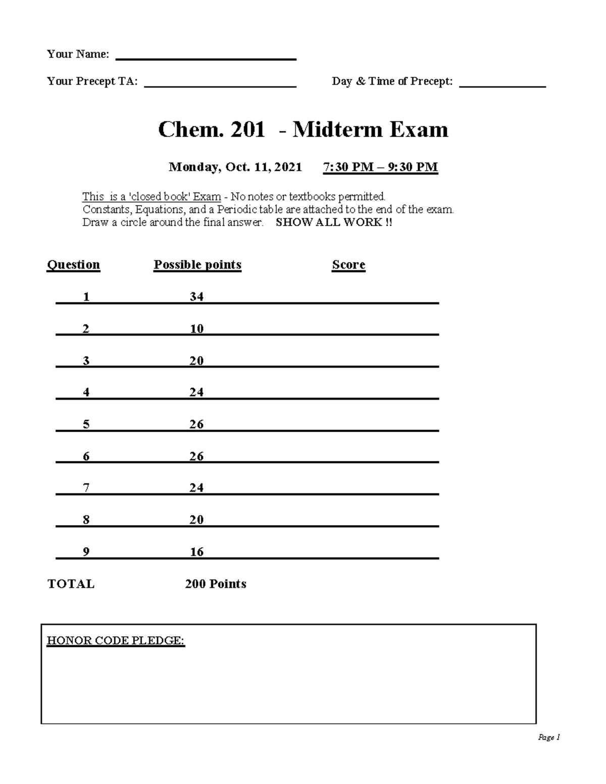CHM201(Fall,2021)Midterm - Your Precept TA: Day & Time of Precept: Chem ...