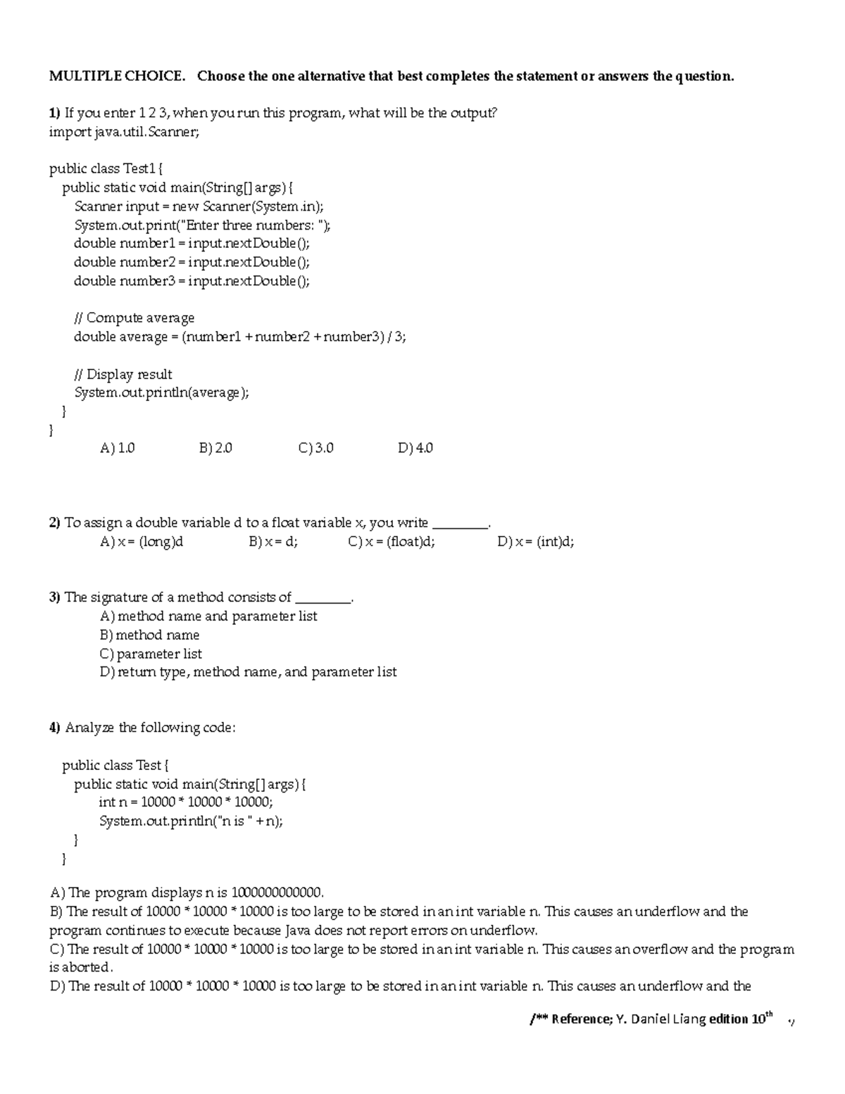 Multiple Choice java - Humber College - MULTIPLE CHOICE. Choose the one ...