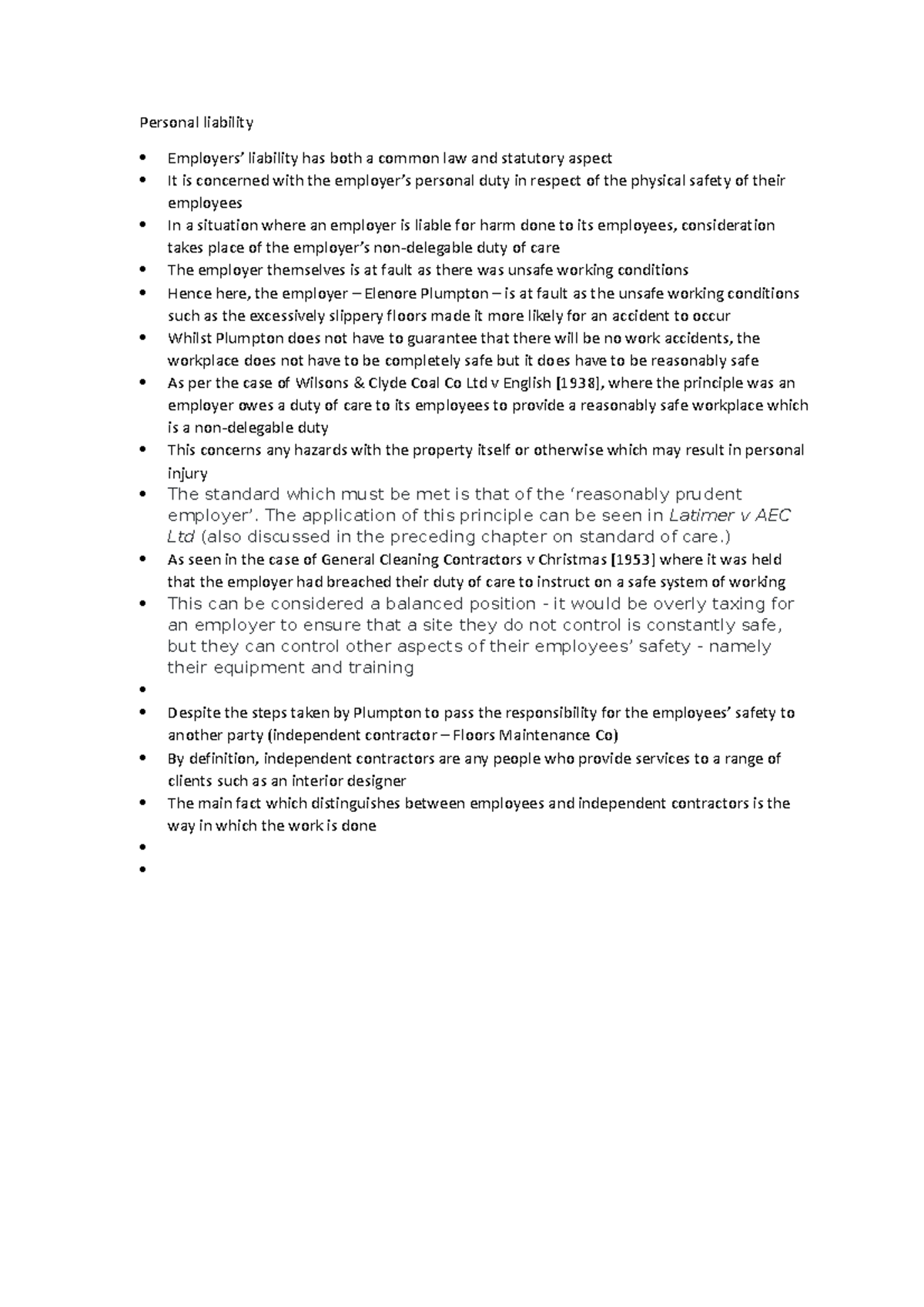 Employers' Liability and Vicarious Liability - Personal liability ...