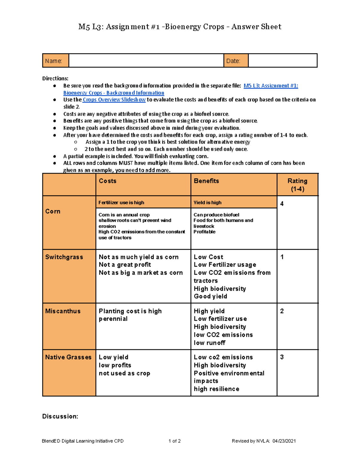 Copy of M5 L3 Assignment #1 - Bioenergy Crops - M5 L3: Assignment #1 -Bioenergy Crops - Answer ...