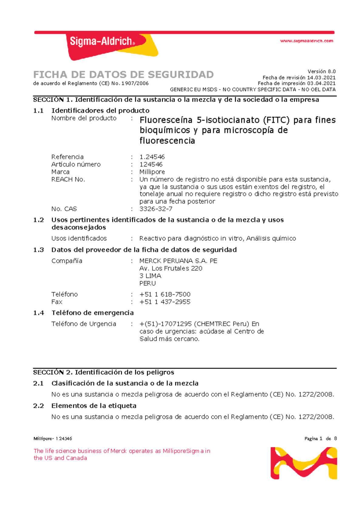 FDS Coljap Florescencia - Millipore- 1 Pagina 1 de 8 The life science ...