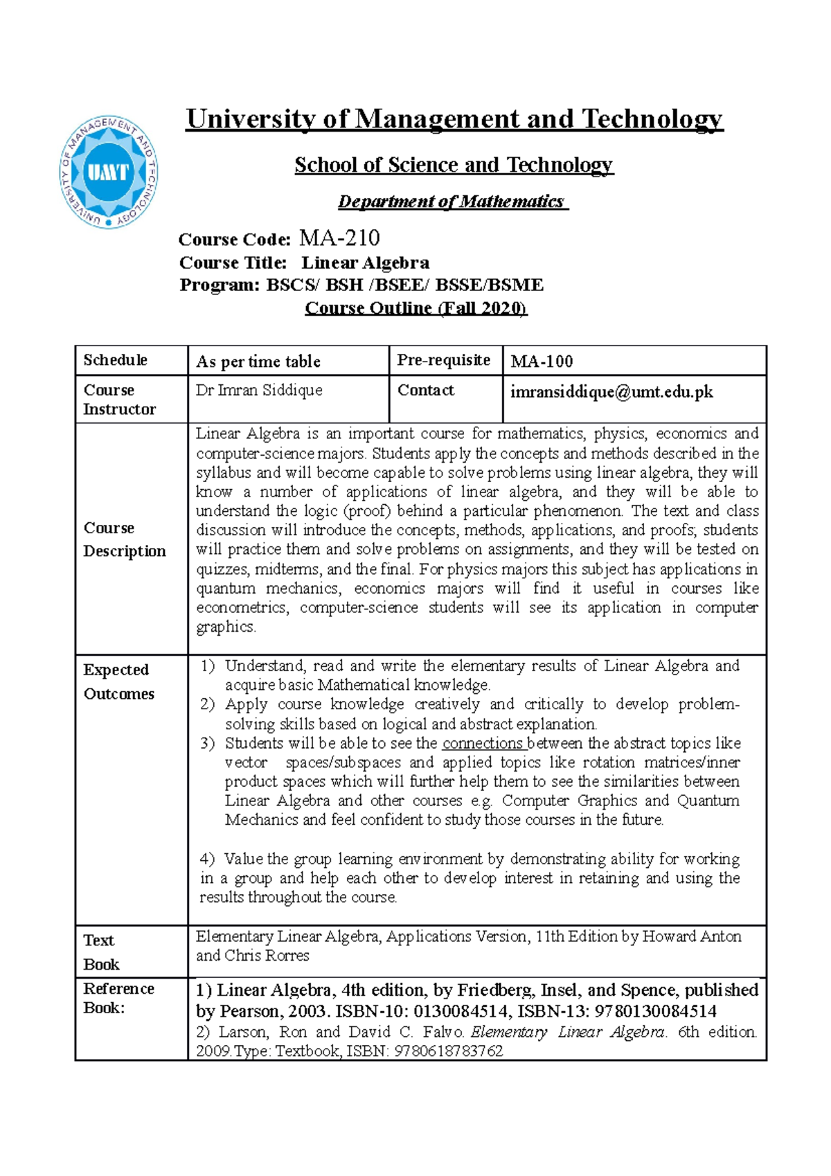 Course outline LA MA-210 Fall 2022 - University of Management and Technology School of Science ...