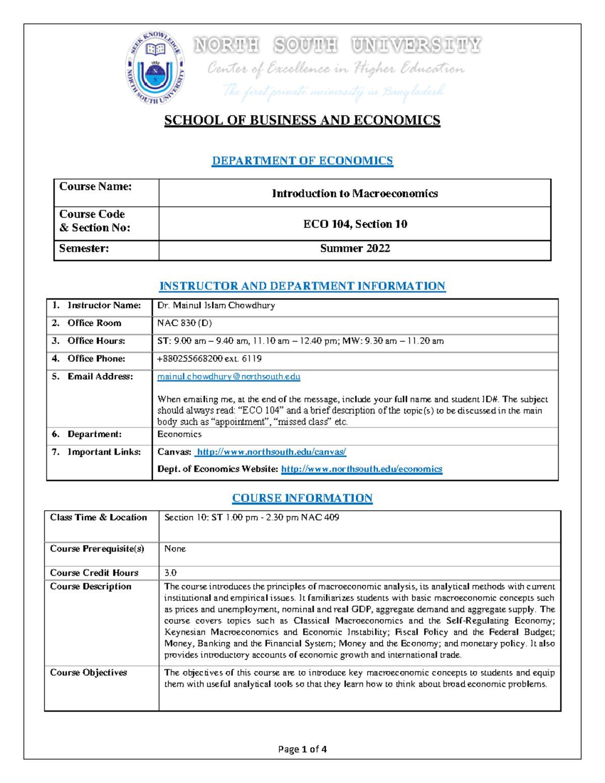 ECO104 Course Outline Summer 22 Sec10 - SCHOOL OF BUSINESS AND ...