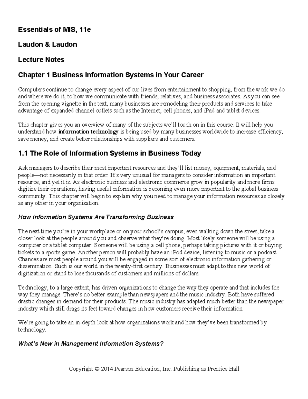 Ch01 - Lecture Notes - Essentials of MIS, 11e Laudon & Laudon Lecture ...