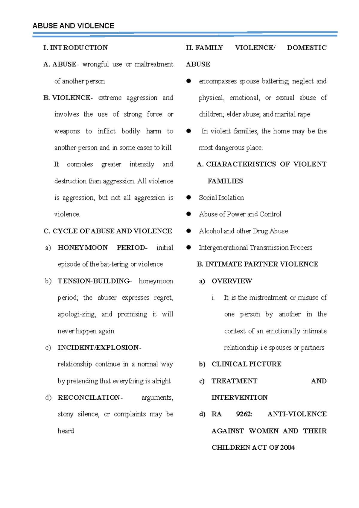 Psychiatric Nursing - Abuse and Violence - I. INTRODUCTION A. ABUSE ...