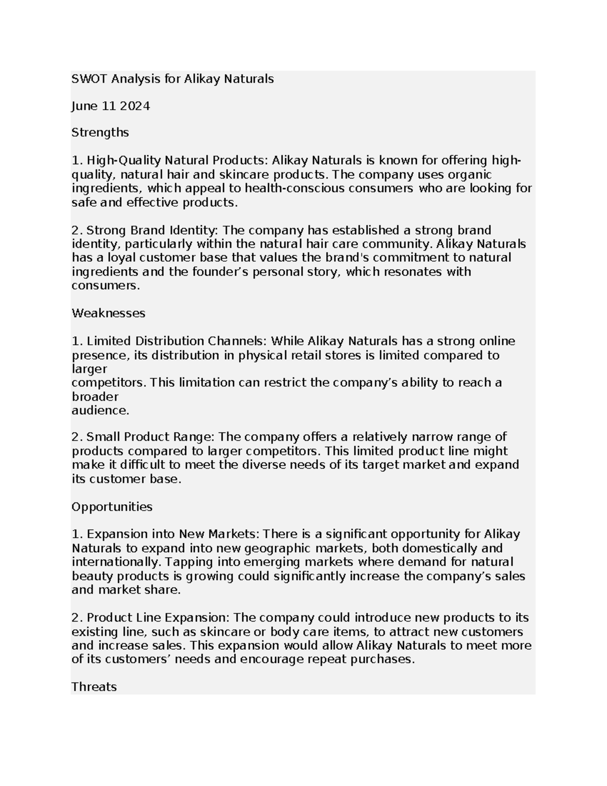 A10 - Managerial Accounting input - SWOT Analysis for Alikay Naturals ...