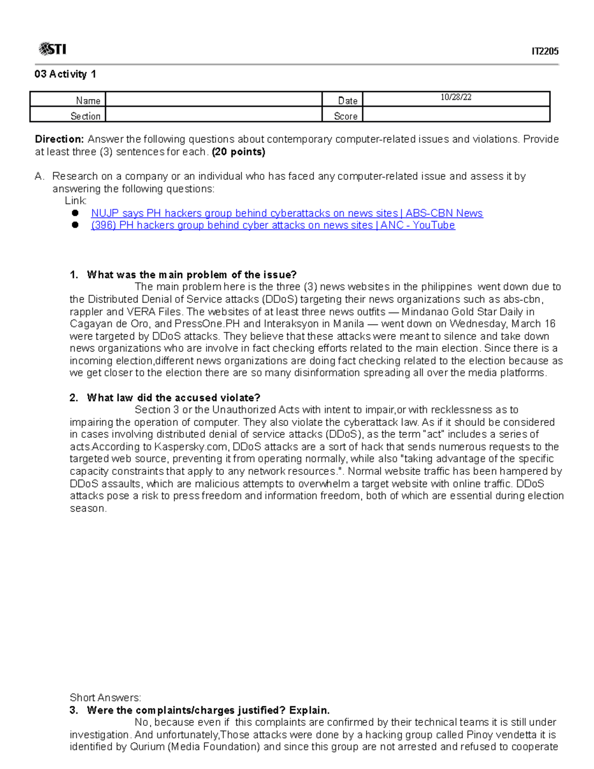 03 Activity 1 Cpe Laws - Subject: CpE Law Course: Computer Engineering - 03 Activity 1 IT Name ...
