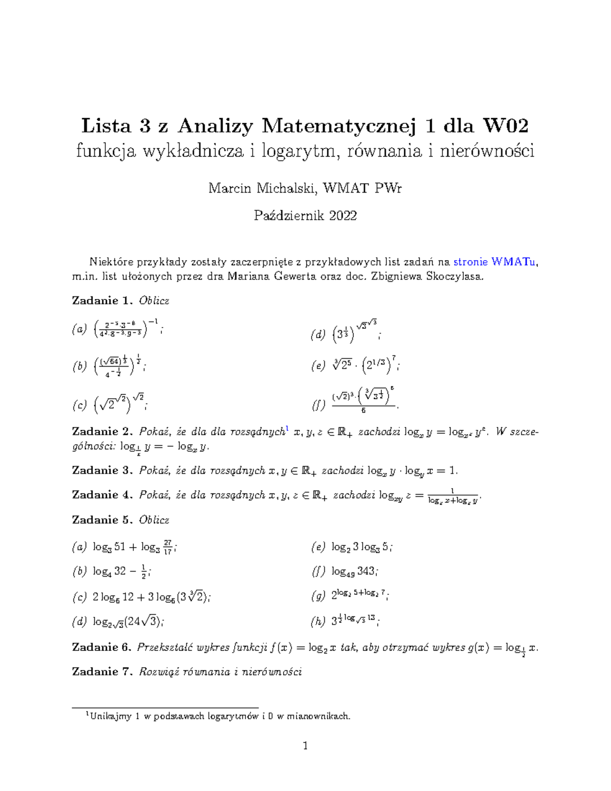 Am1 l3 - zadania - Lista 3 z Analizy Matematycznej 1 dla W funkcja ...
