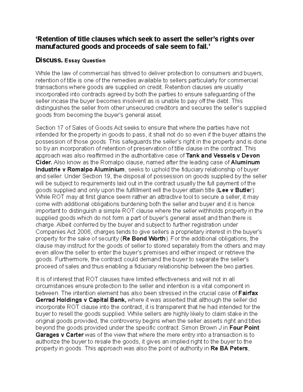Retention of Title Clauses - Essay - ‘Retention of title clauses which ...