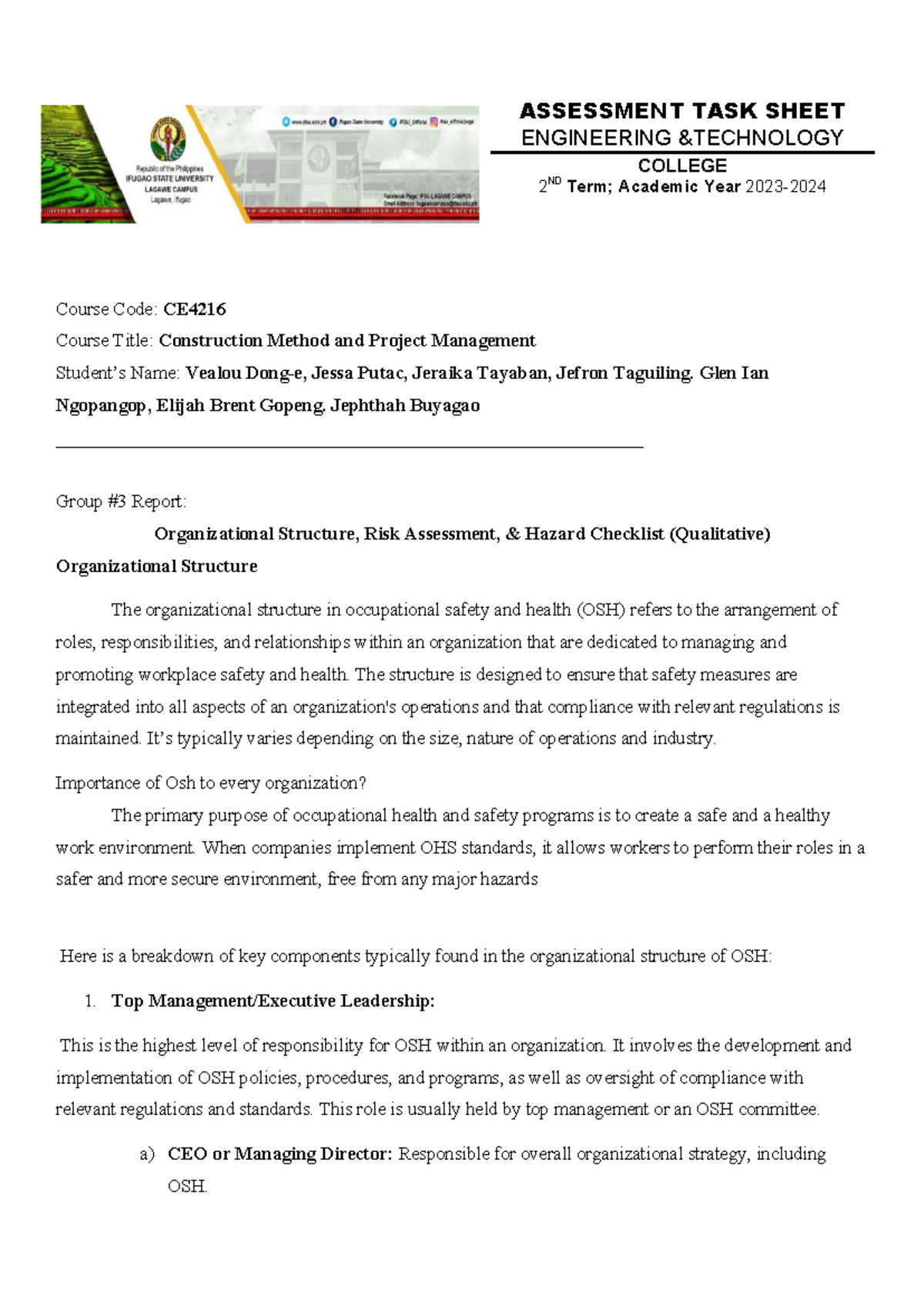 Cosh-reporter-3 - ASSESSMENT TASK SHEET ENGINEERING &TECHNOLOGY COLLEGE ...