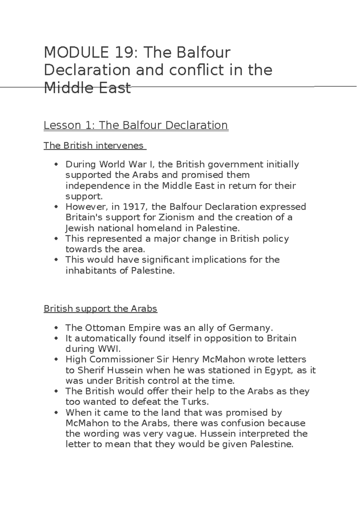Module 19- The Balfour Declaration and conflict in the Middle East ...