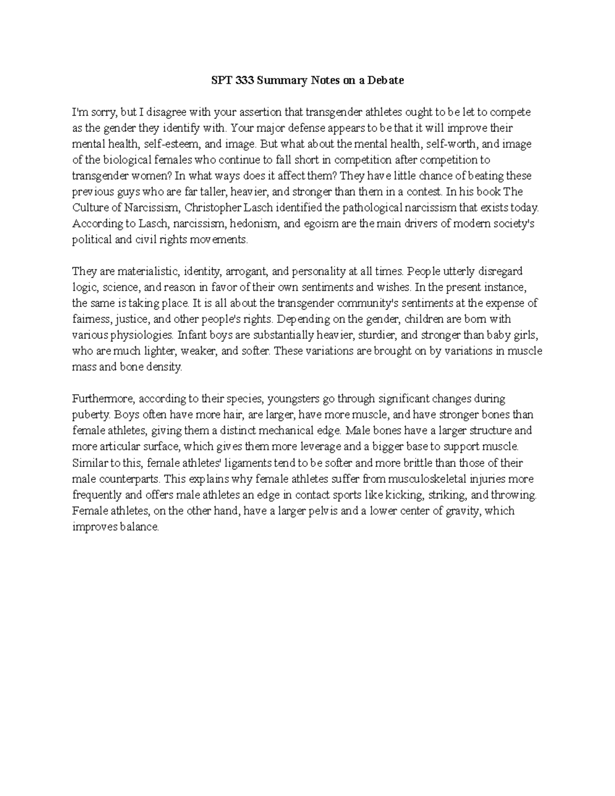 SPT 333 Summary Notes on Debate - SPT 333 Summary Notes on a Debate I'm ...