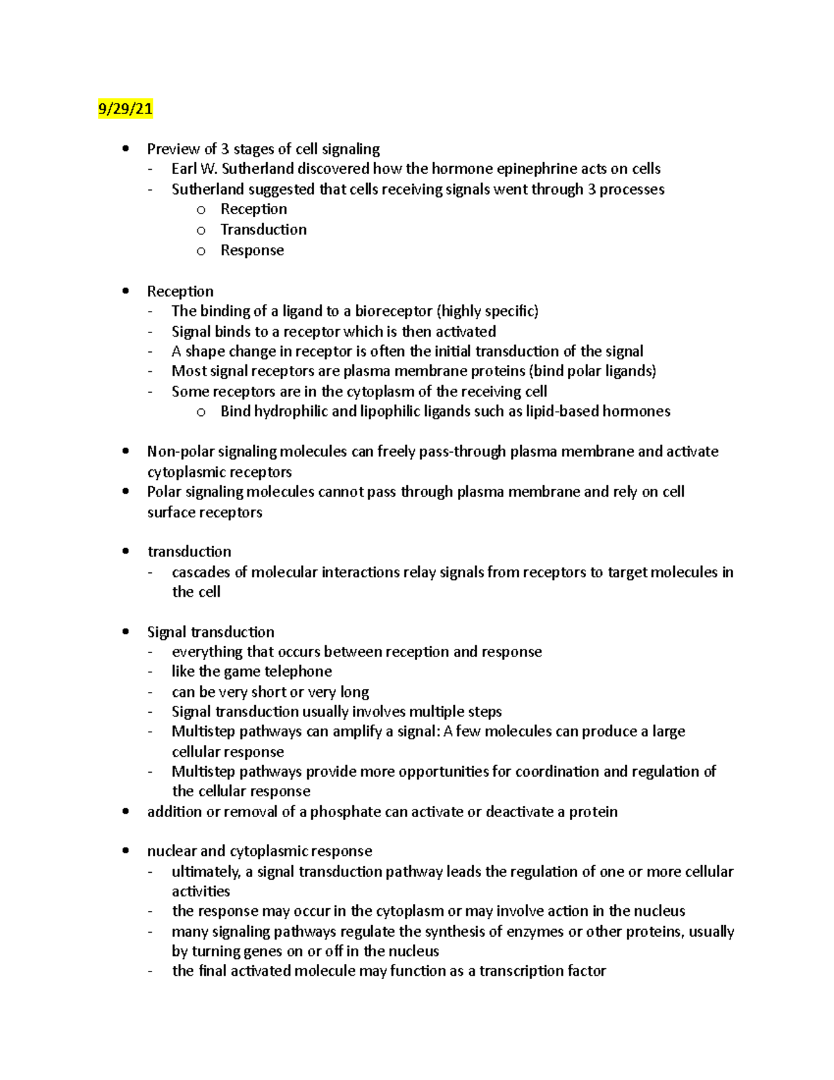 Bio notes 18 - 9/29/ Preview of 3 stages of cell signaling - Earl W ...