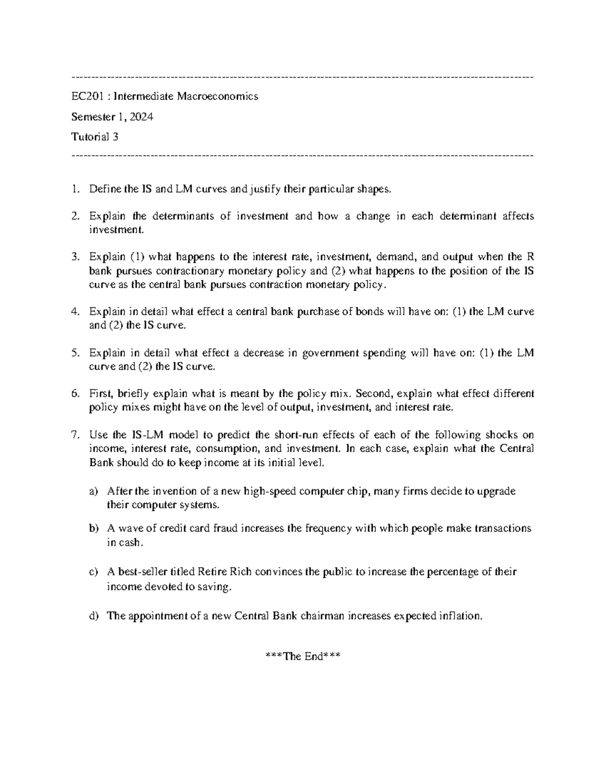 Tutorial 3- Week 4 - EC 2 01 : Intermediate Macroeconomics Semester 1, 2024 Tutorial 3 Define ...