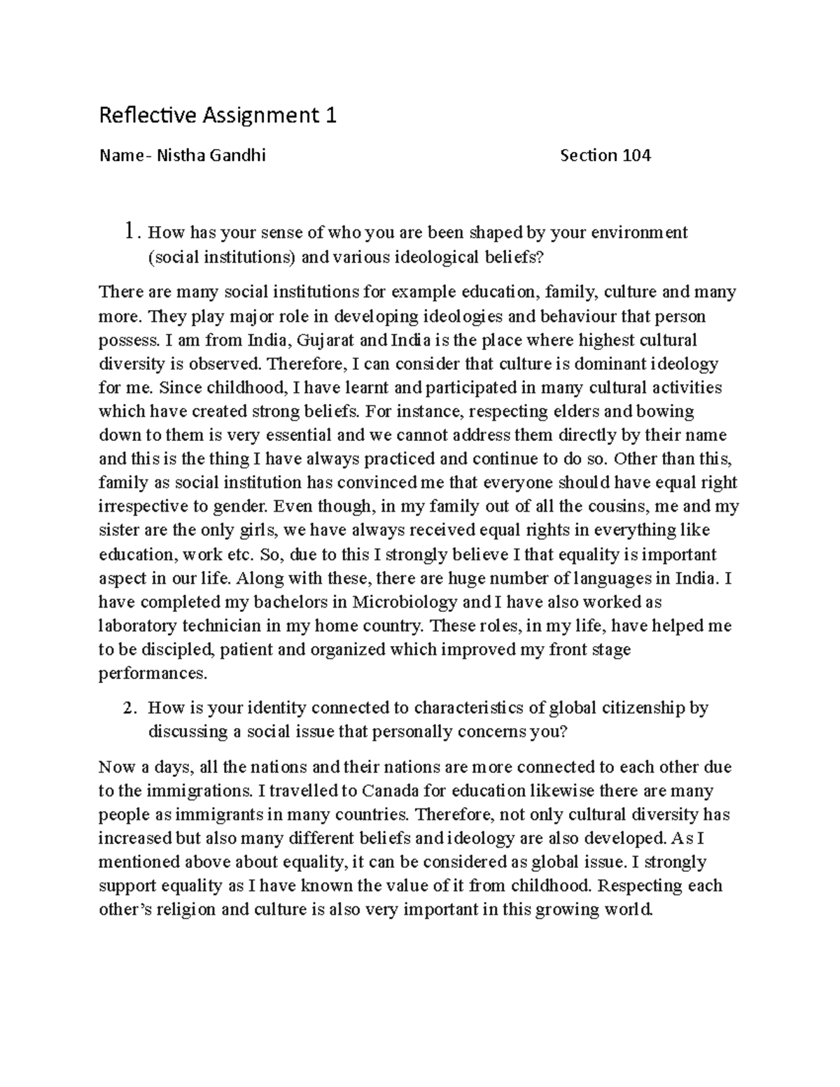 Reflective Assig. 1 - Reflective Assignment 1 Name- Nistha Gandhi ...