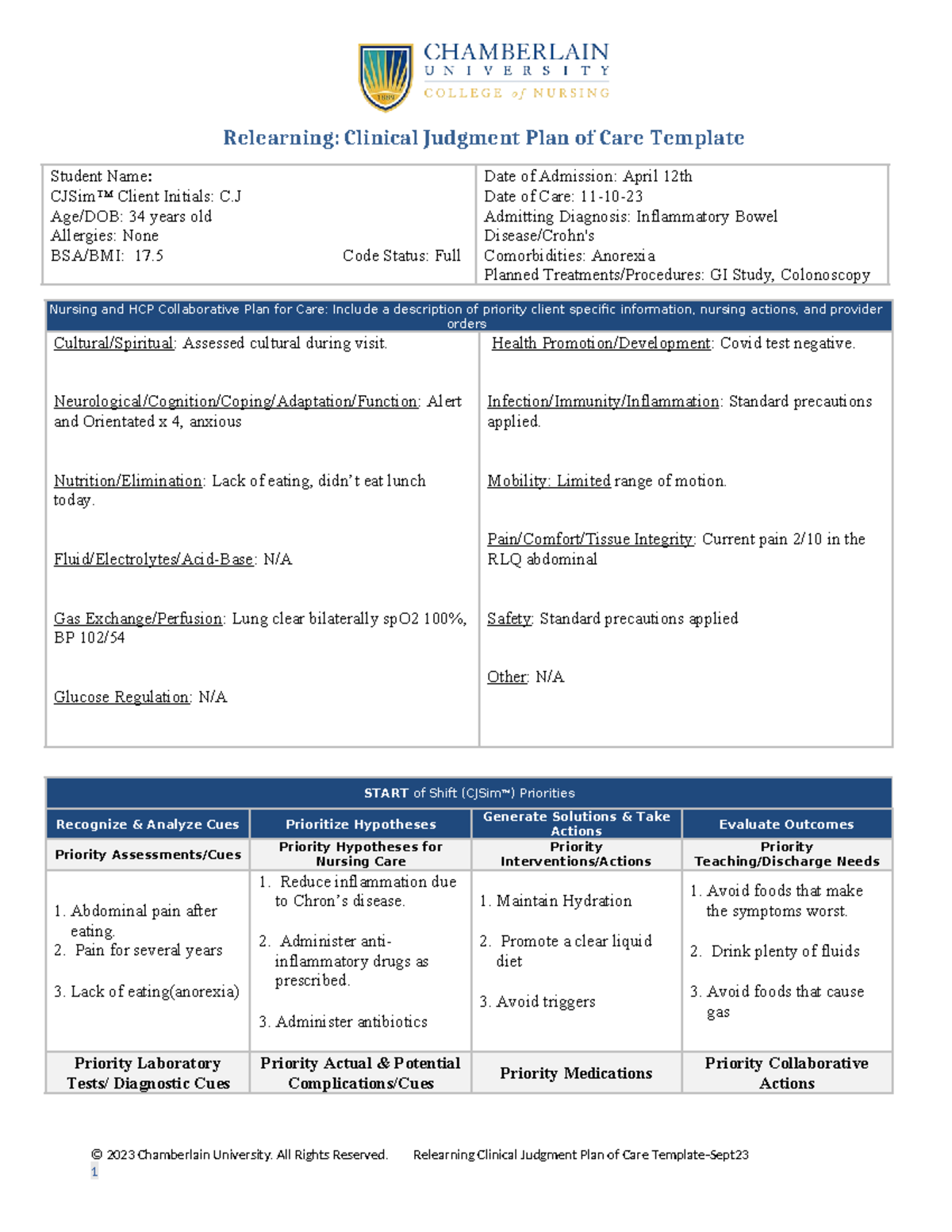 Pharm CJE Plan of Care 1 - CJE Plan of Care - Student Name: CJSim ...