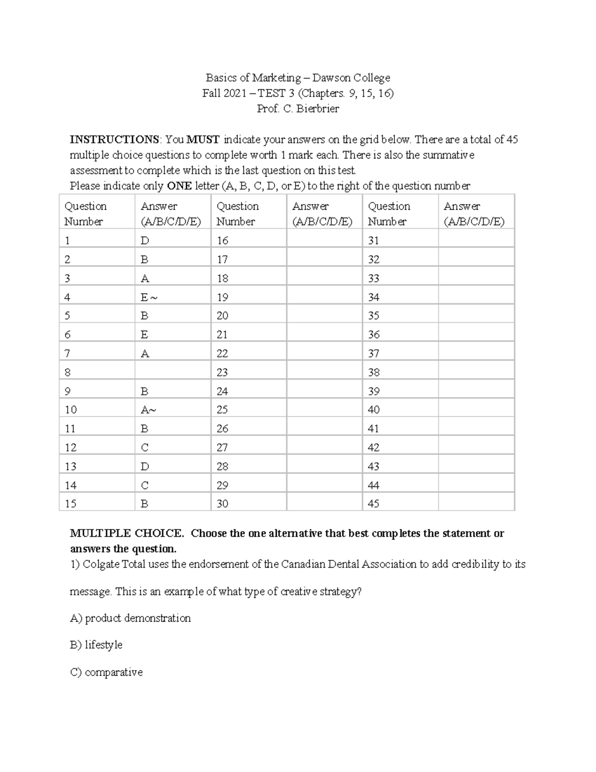 Exercise Major Marketing Test 3 - Basics of Marketing – Dawson College ...