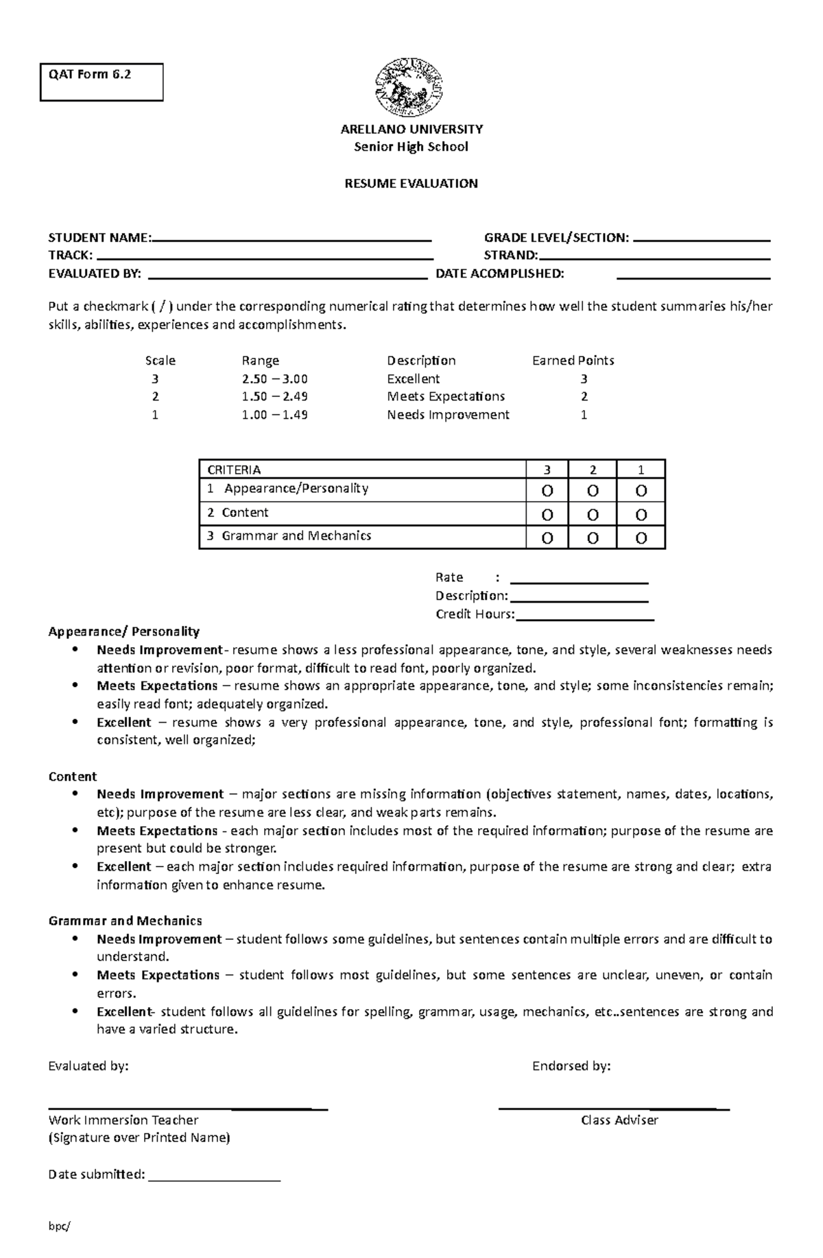 Interview- Resume-EVAL - QAT Form 6. ARELLANO UNIVERSITY Senior High School RESUME EVALUATION ...