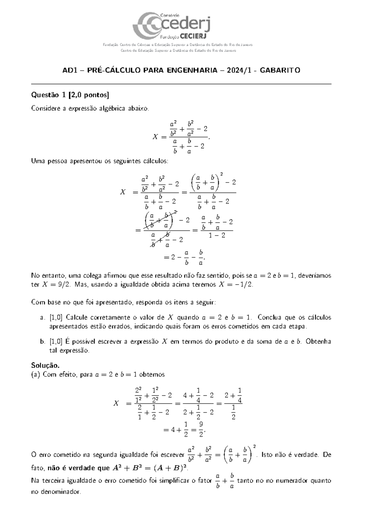 AD1 Pre Calculo Eng 2024 1 gabarito - Funda ̧c ̃ao Centro de Ciˆencias e Educa ̧c ̃ao Superior a ...