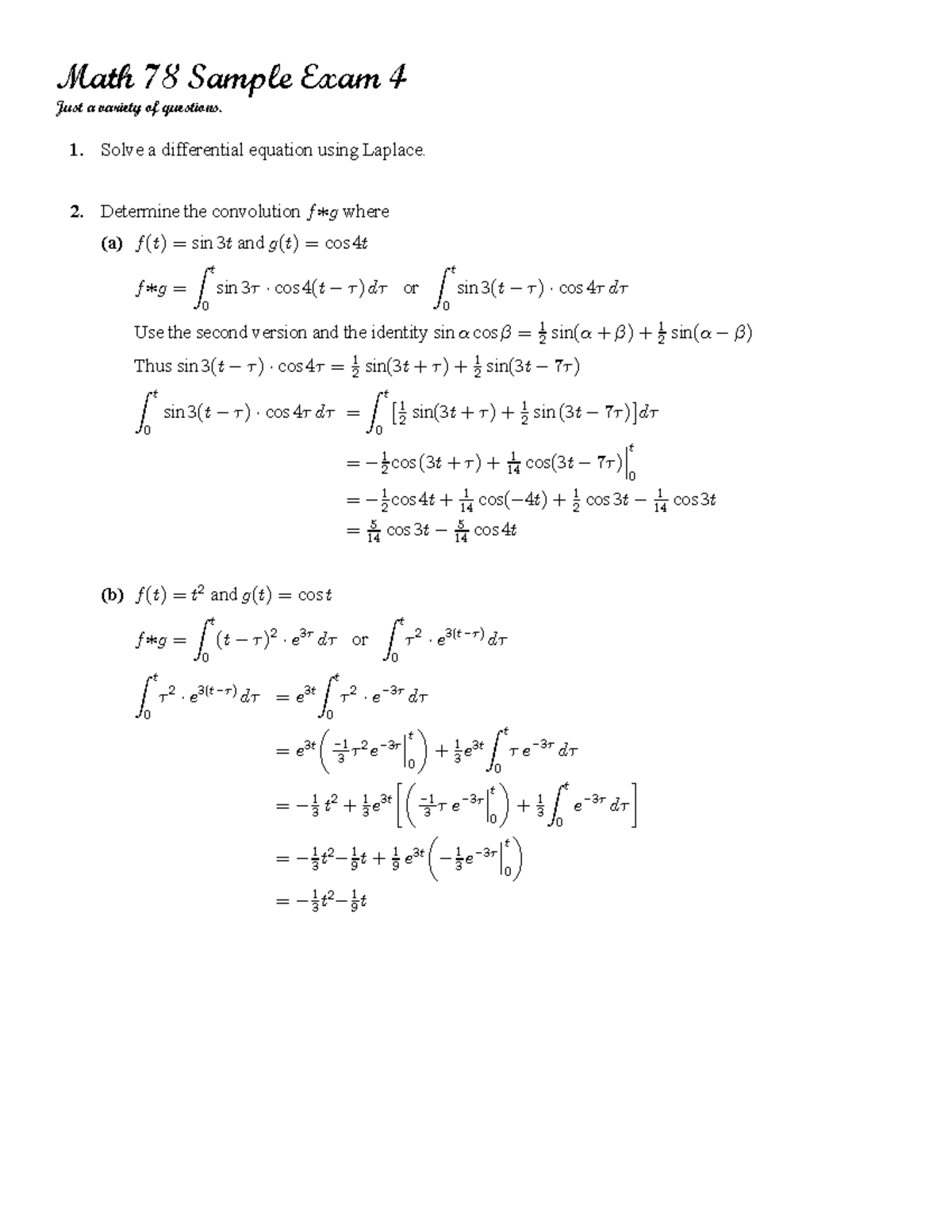Key Sam E 4 - Key Sam E 4 - Math 78 Sample Exam 4 Just a variety of ...