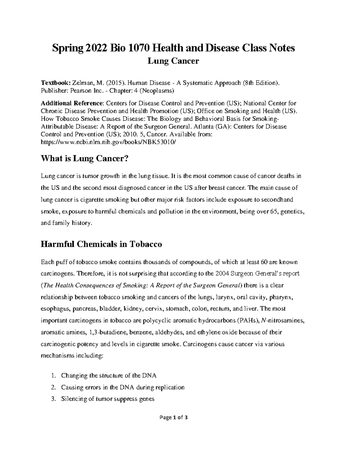 Lung Cancer Class Notes - Page 1 of 3 Spring 2022 Bio 1070 Health and ...