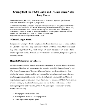Lung Cancer - Study Guide - Page 1 of 2 Spring 2022 Bio 1070 Health and ...
