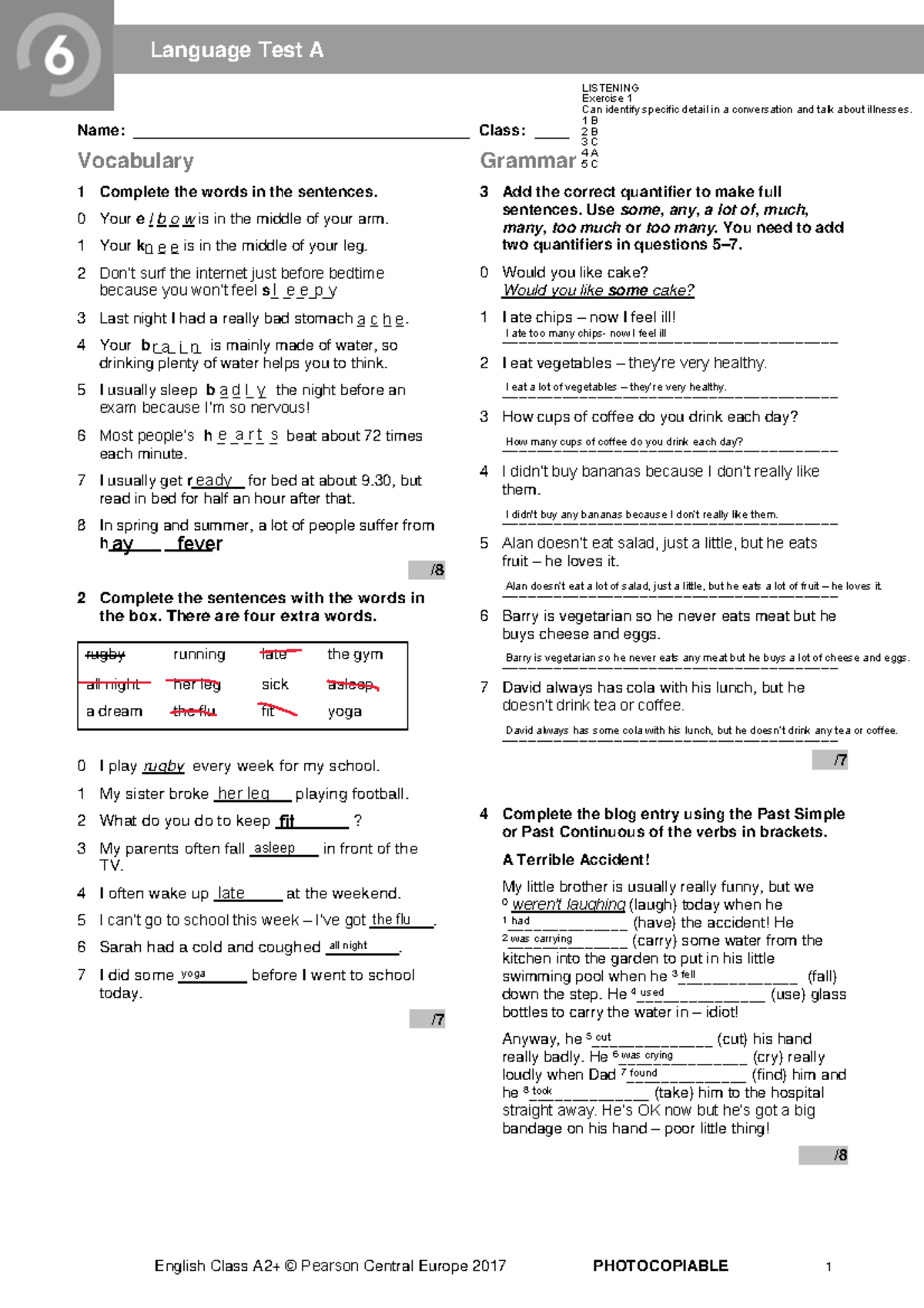 ECA2plus Tests Language Test 6A - English Class A2+ © Pearson Central ...