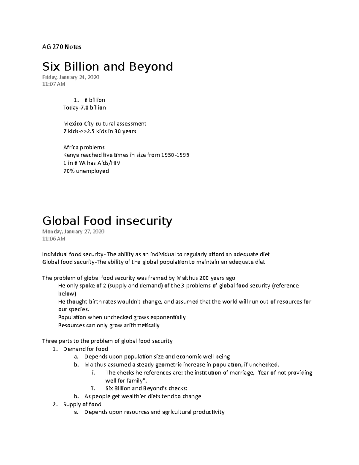 AG 270 Notes - Lectures and readings - AG 270 Notes Six Billion and ...