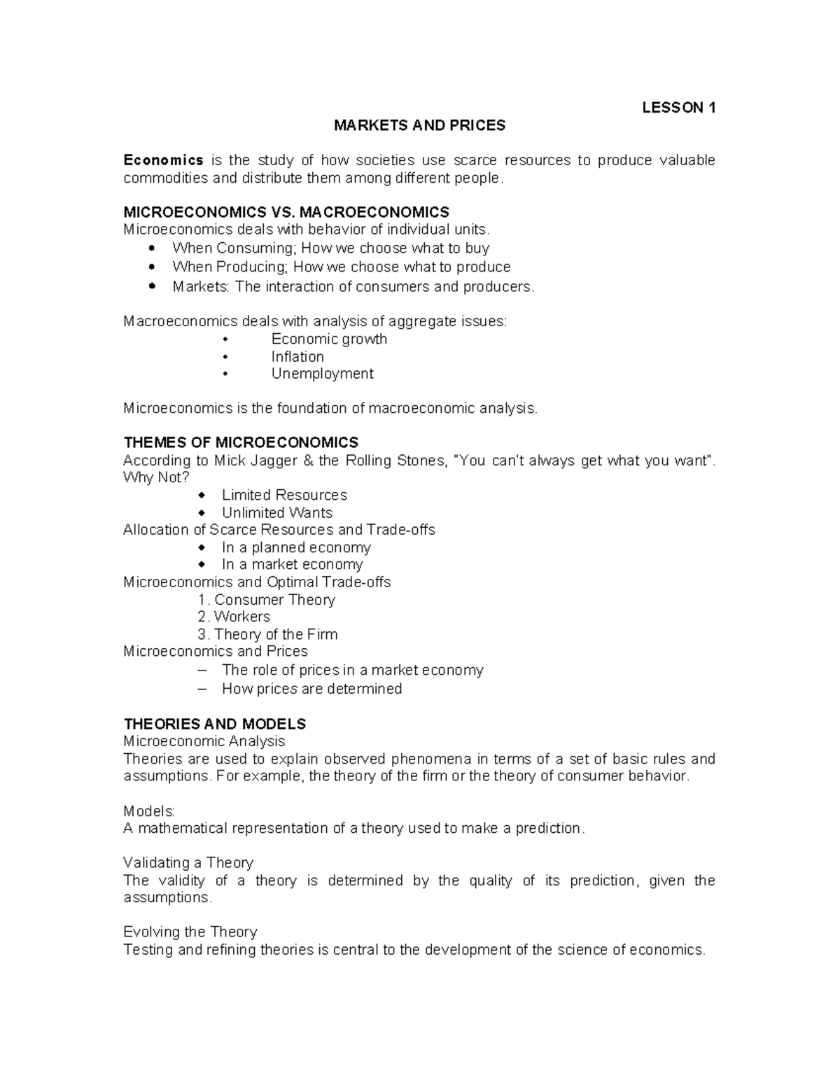 Lesson 1 - good - LESSON 1 MARKETS AND PRICES Economics is the study of ...