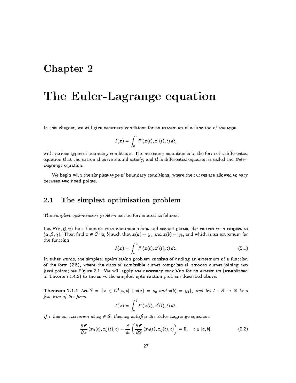 Euler Lagrange Equation The Necessary Condition Is In The Form Of A Differential Equation That