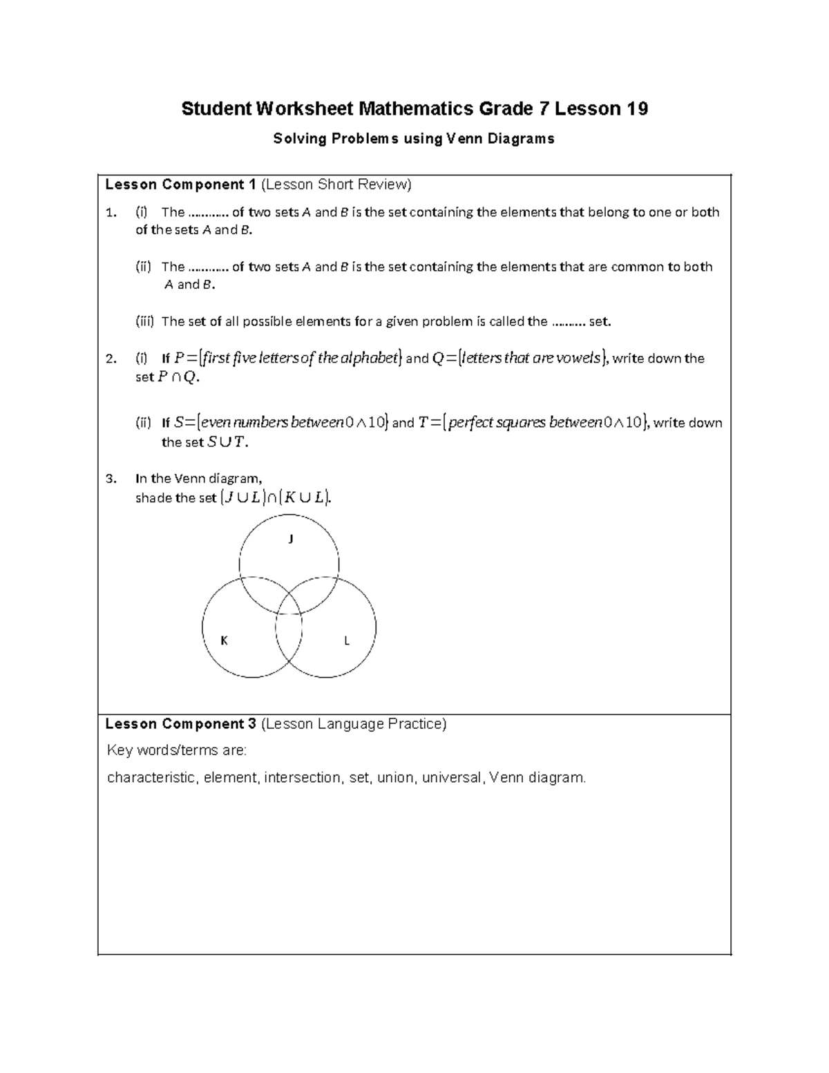 Consolidation Student Worksheet Mathematics Grade 7 Lesson 1 - Student ...