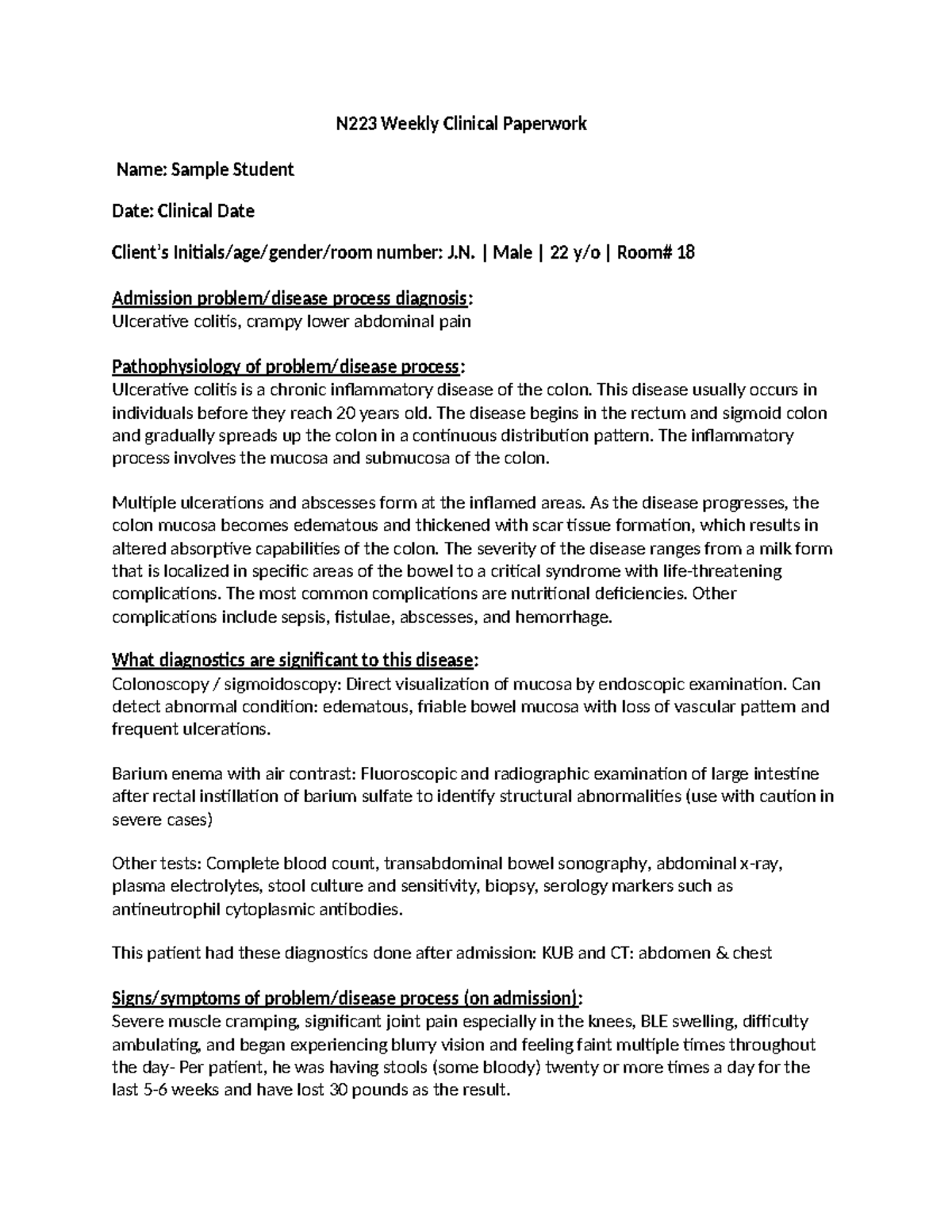 Sample Clinical Paperwork - N223 Weekly Clinical Paperwork Name: Sample ...