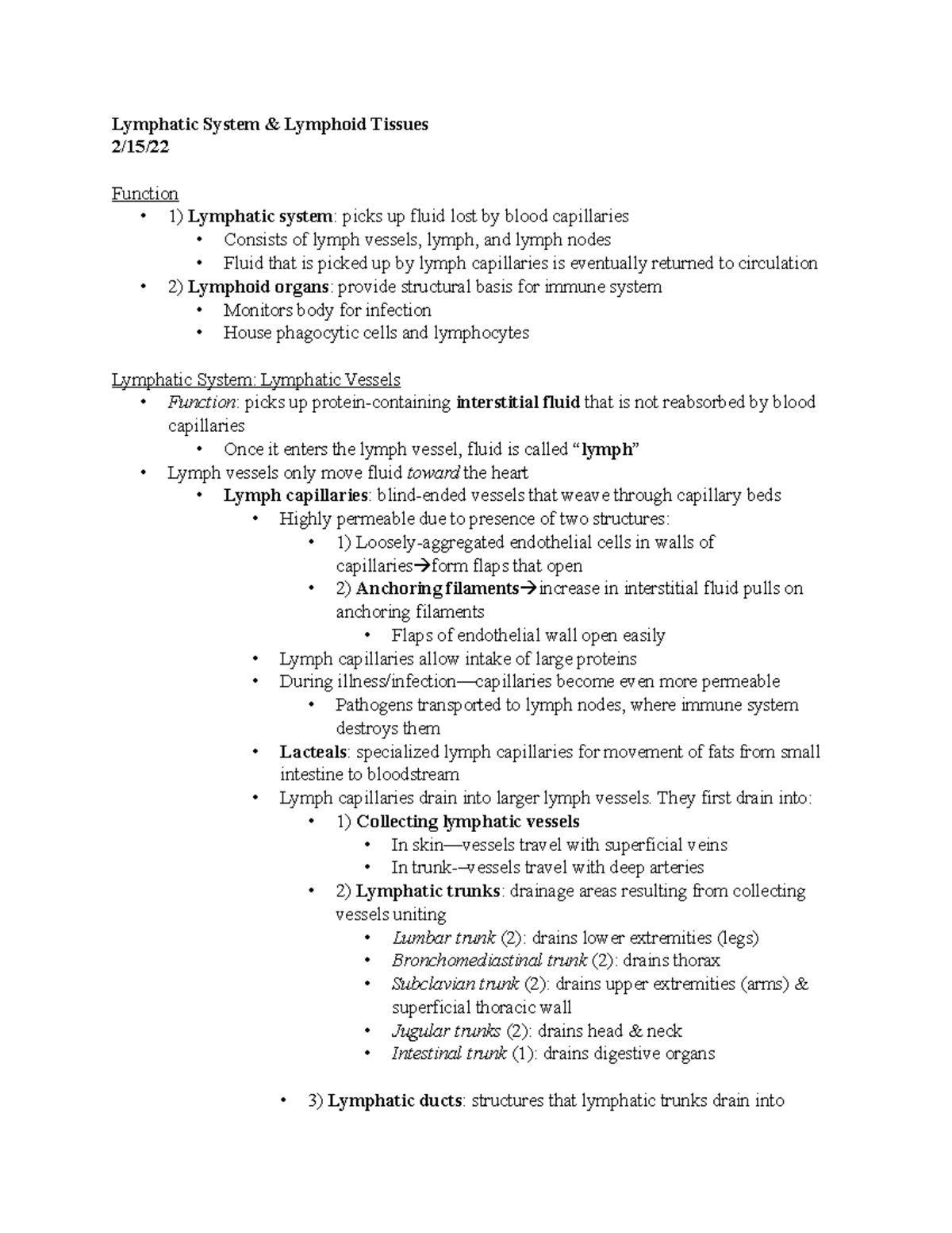 AP Lymphatic System (EXAM 1) - Lymphatic System & Lymphoid Tissues 2/15 ...