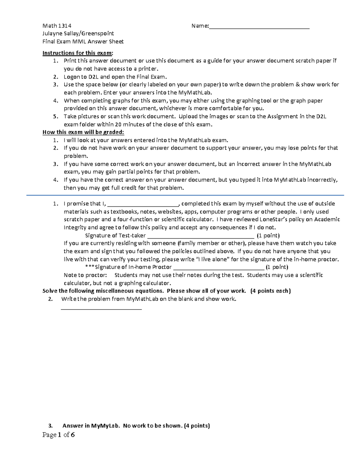 Final Exam MML Answer Sheet Lial - Math 1314 Name ...