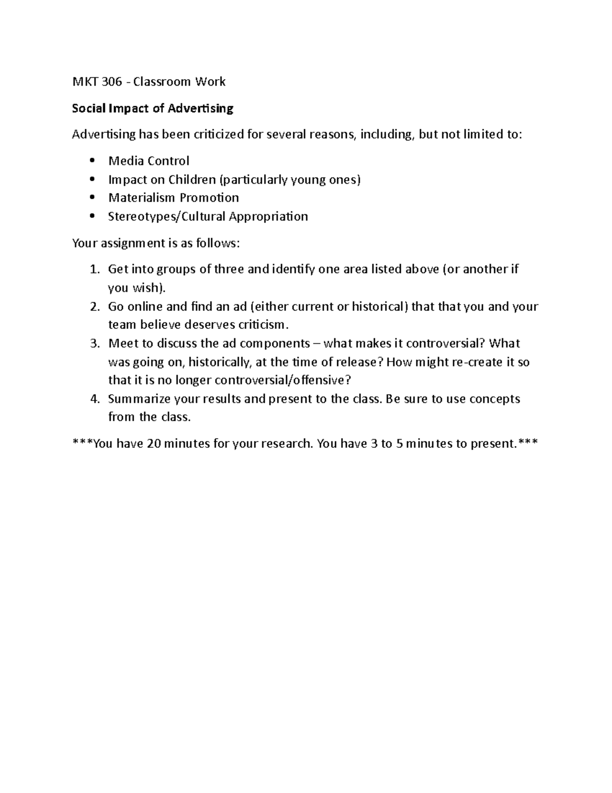 Social Impact Inclass MKT 306 - MKT 306 - Classroom Work Social Impact ...