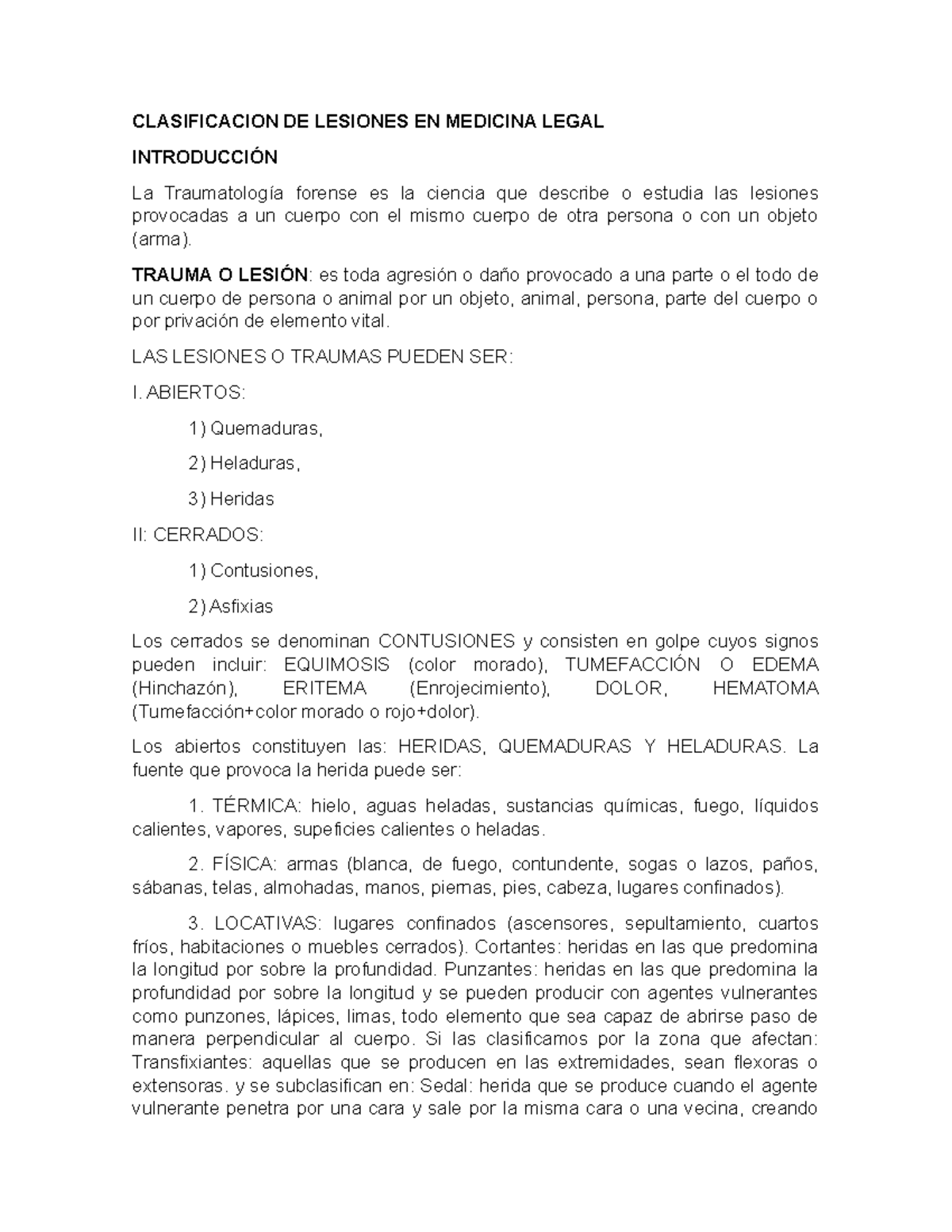 Trabajo Medicina Legal 2DO. Parcial Sergio - CLASIFICACION DE LESIONES EN MEDICINA LEGAL - Studocu