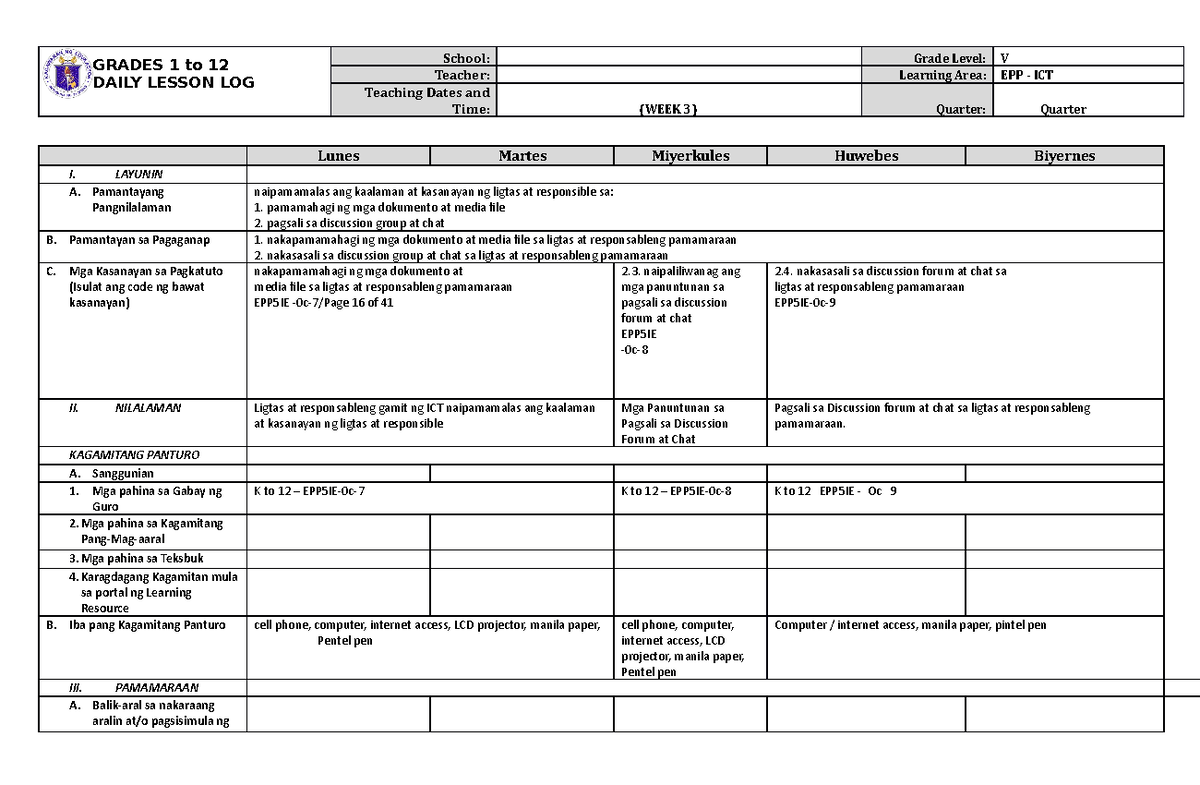Grade 5 DLL EPP 5 Q4 Week 3 - GRADES 1 to 12 DAILY LESSON LOG School ...