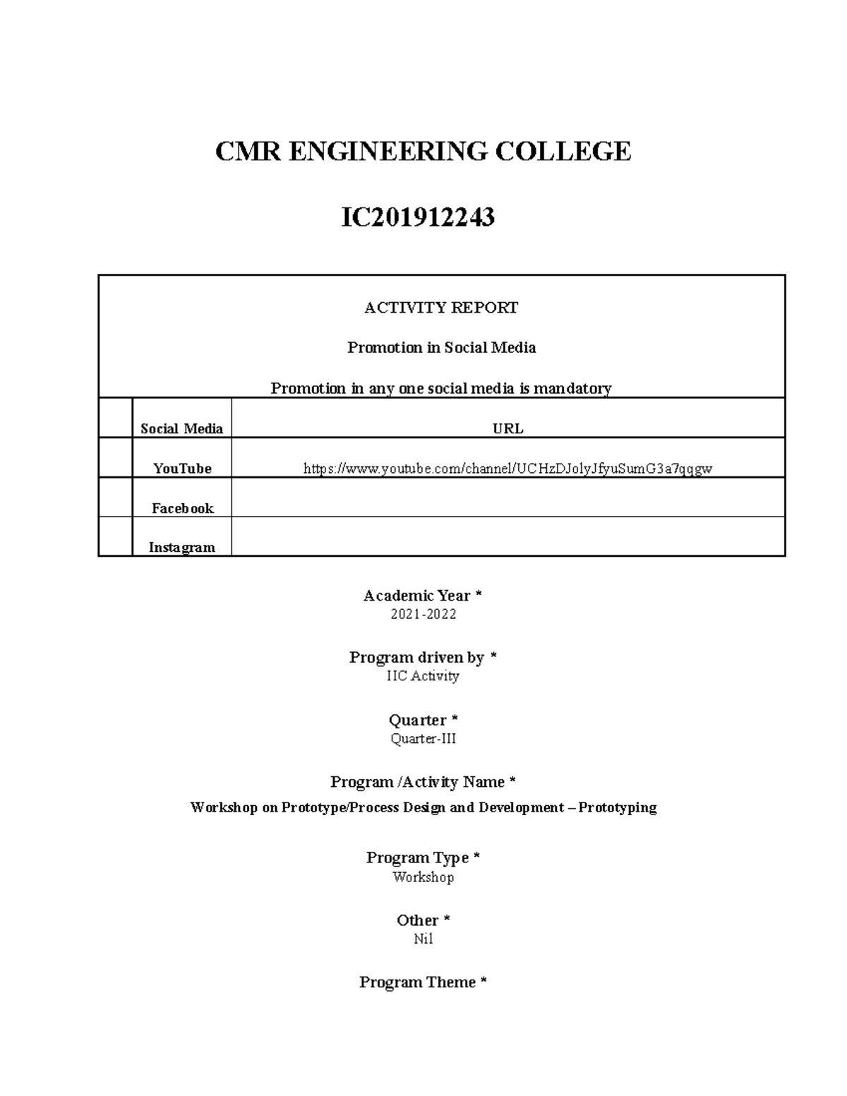 Workshop on prototype for IIC Q3 - CMR ENGINEERING COLLEGE IC ACTIVITY ...