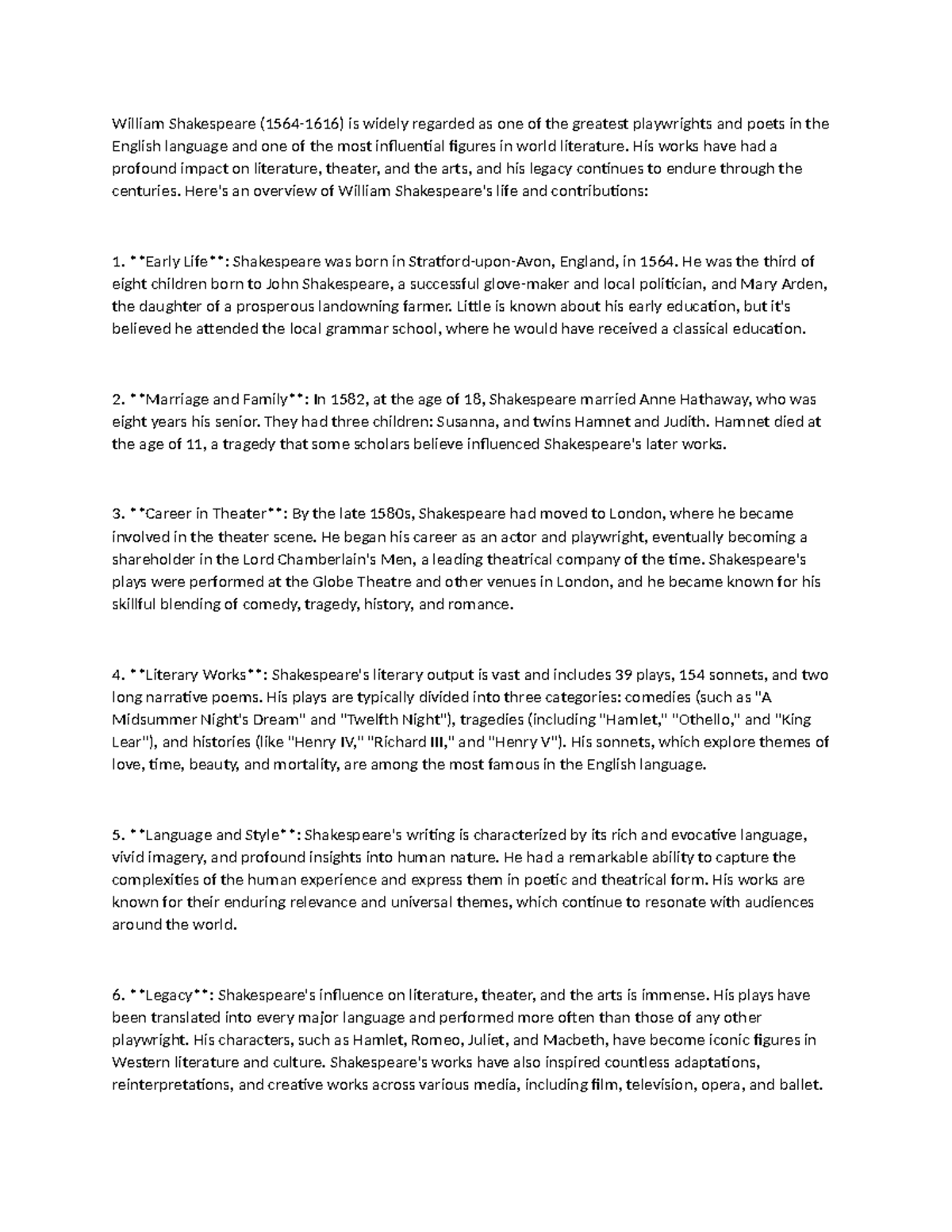 William Shakespeare - notes - William Shakespeare (1564-1616) is widely ...