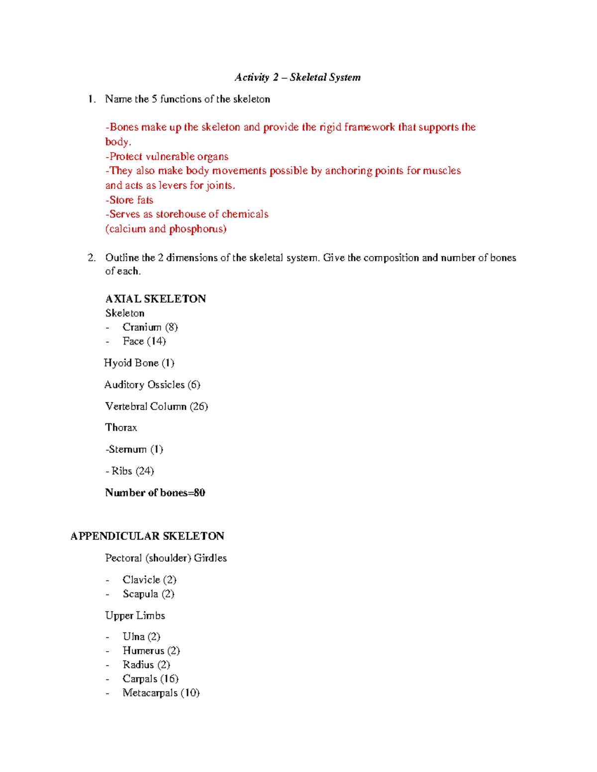 Activity 2 - Skeletal System - Activity 2 – Skeletal System Name the 5 ...