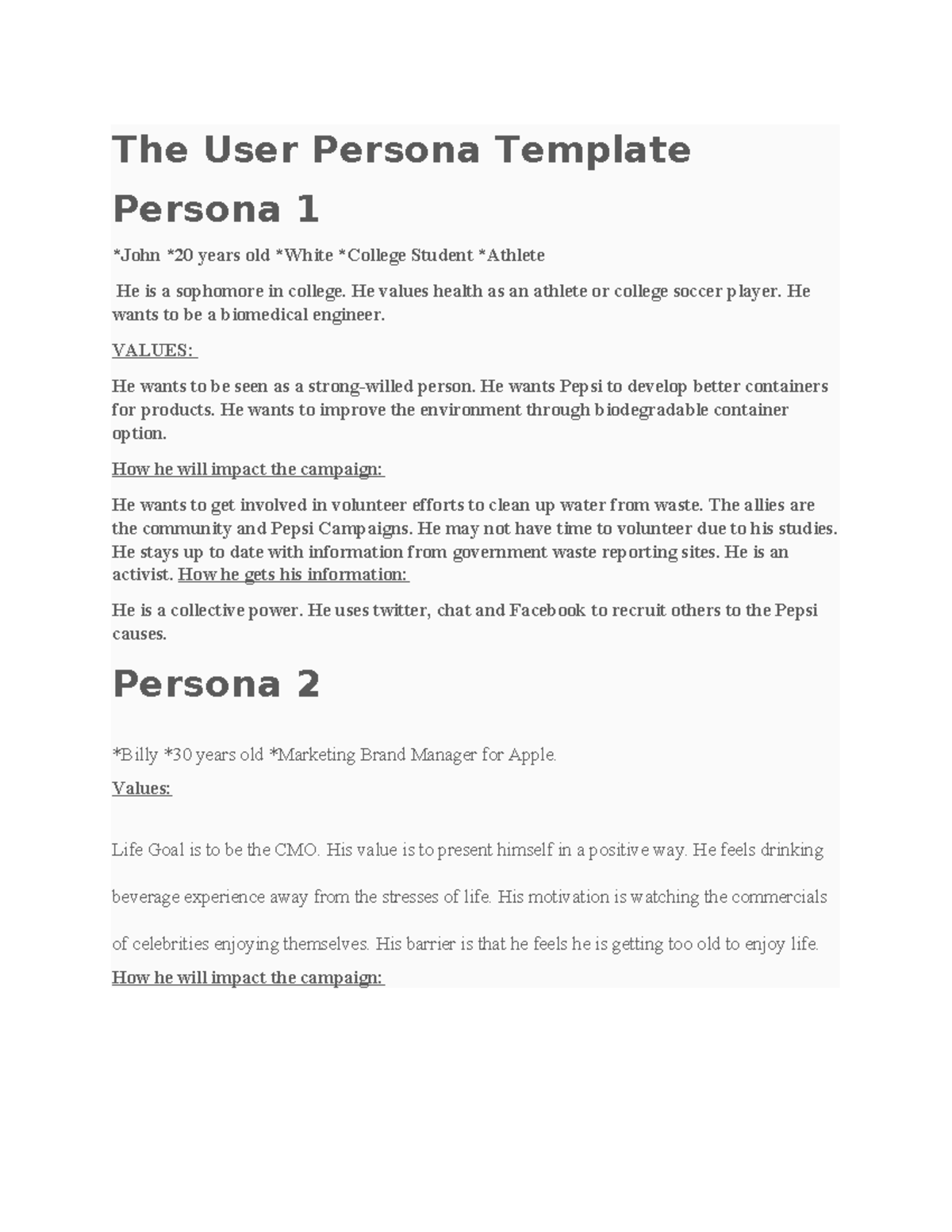 Persona Development Worksheet - The User Persona Template Persona 1 ...