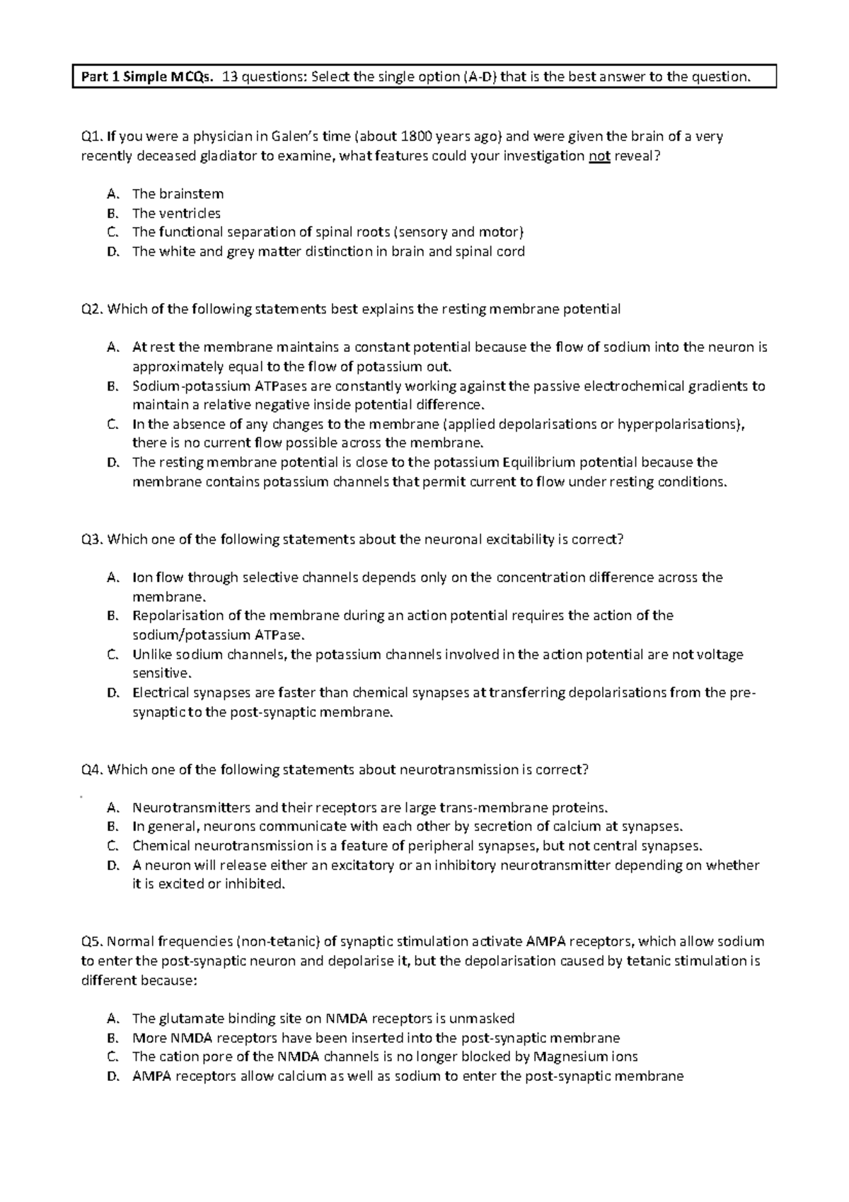 Test 1, questions - Part 1 Simple MCQs. 13 questions: Select the single ...