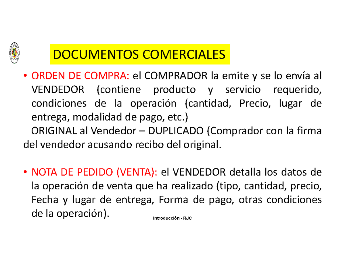 DOCUMENTOS COMERCIALES - INTRODUCCION A LA CONTABILIDAD 24201 - ORDEN ...