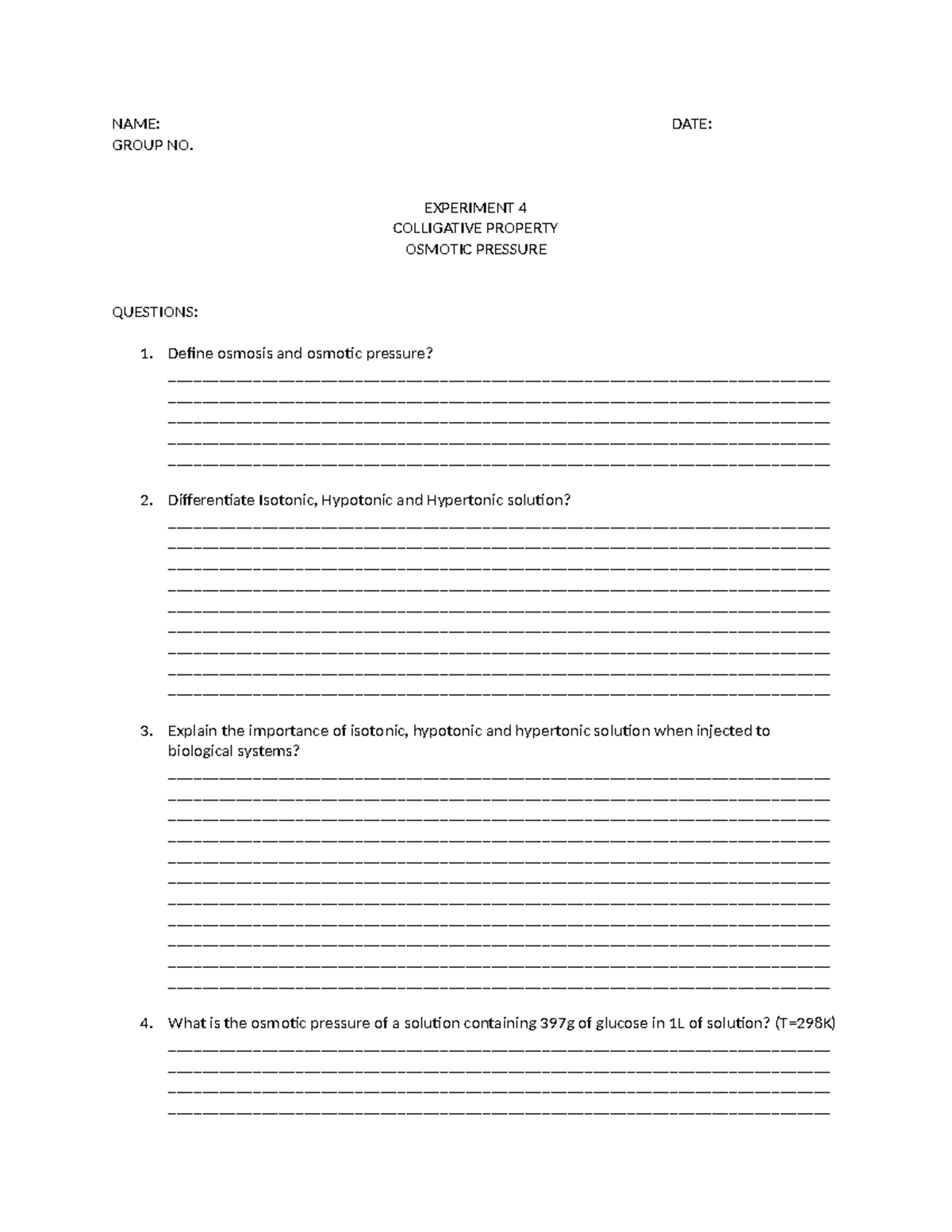 PHY Pharm LAB Midterm - NAME: DATE: GROUP NO. EXPERIMENT 4 COLLIGATIVE ...